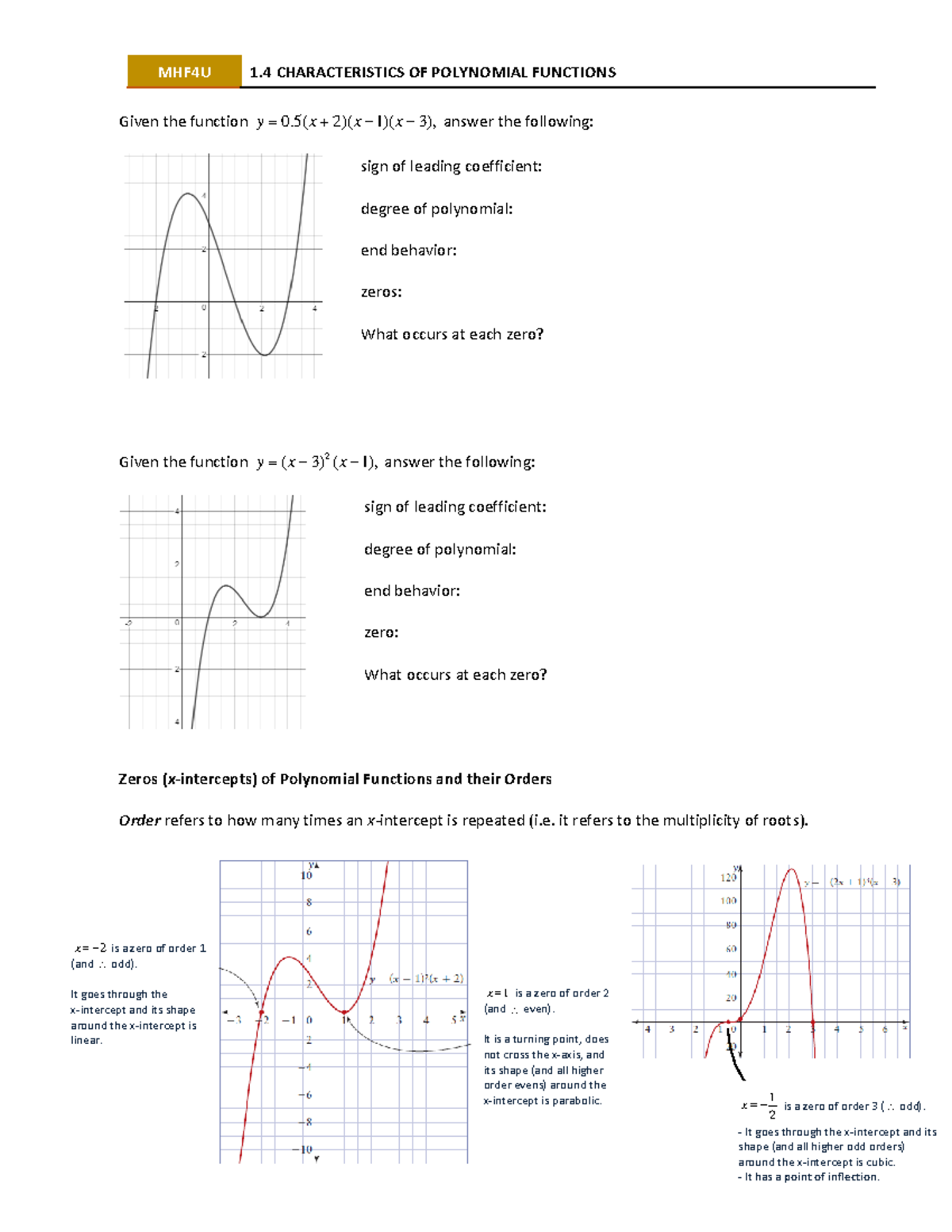 1.04 Characteristics of Polynomial Functions - MHF4U 1. 4 ...