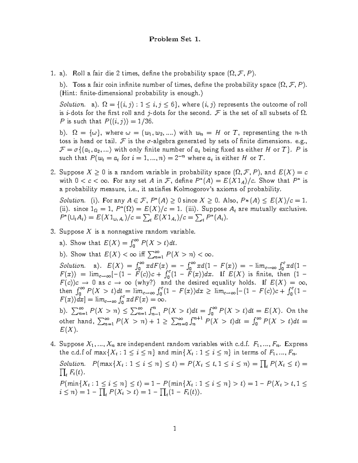 Probs Sols 1 - Kani Chen - Problem Set 1. 1. a). Roll a fair die 2 ...