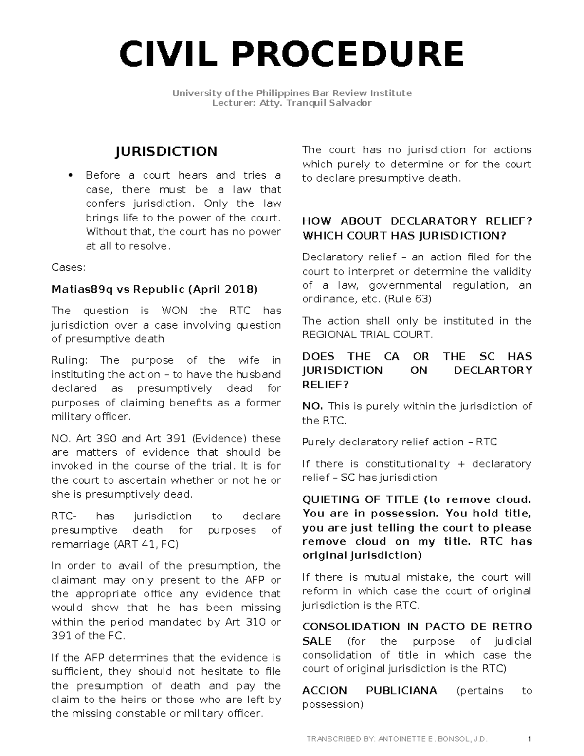 Civil Procedure - N/a - CIVIL PROCEDURE University of the Philippines ...