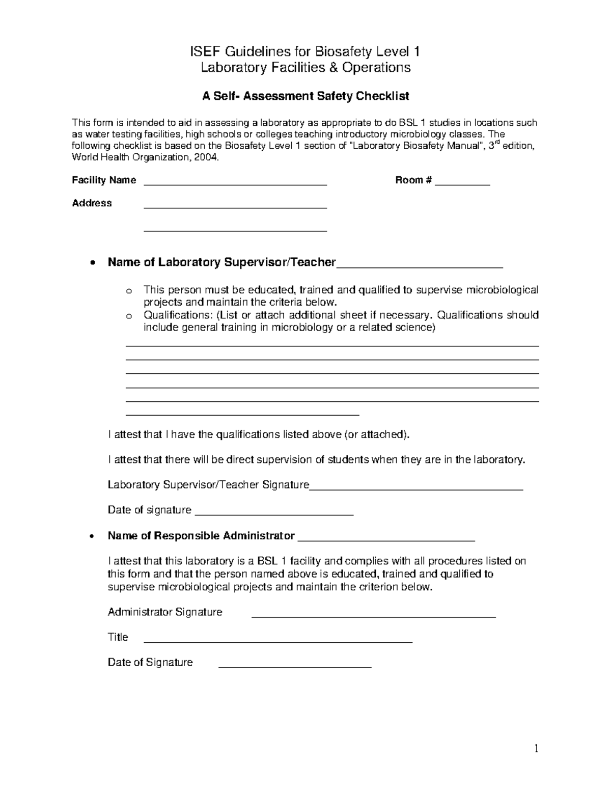 BSL1-Checklist - notes - 1 ISEF Guidelines for Biosafety Level 1 ...