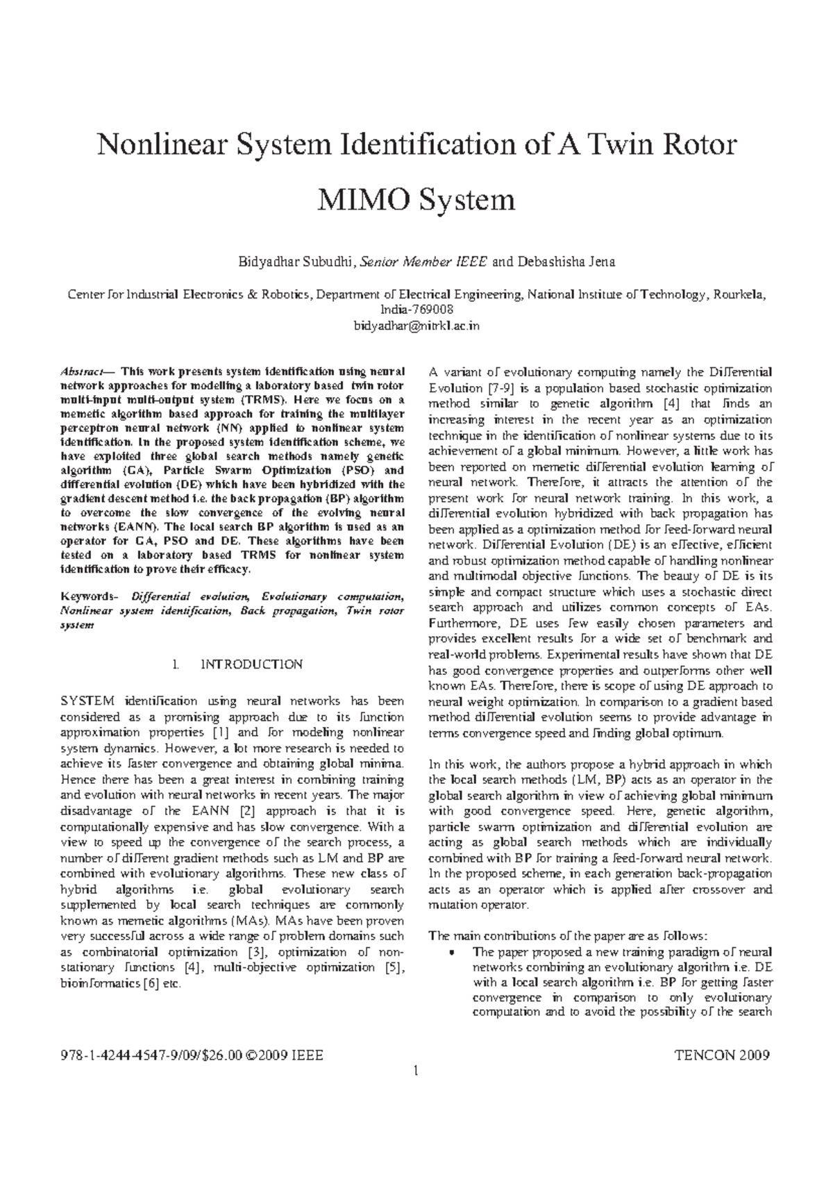 2009-Nonlinear System Identification of A Twin Rotor MIMO System - redes inalambricas - Studocu
