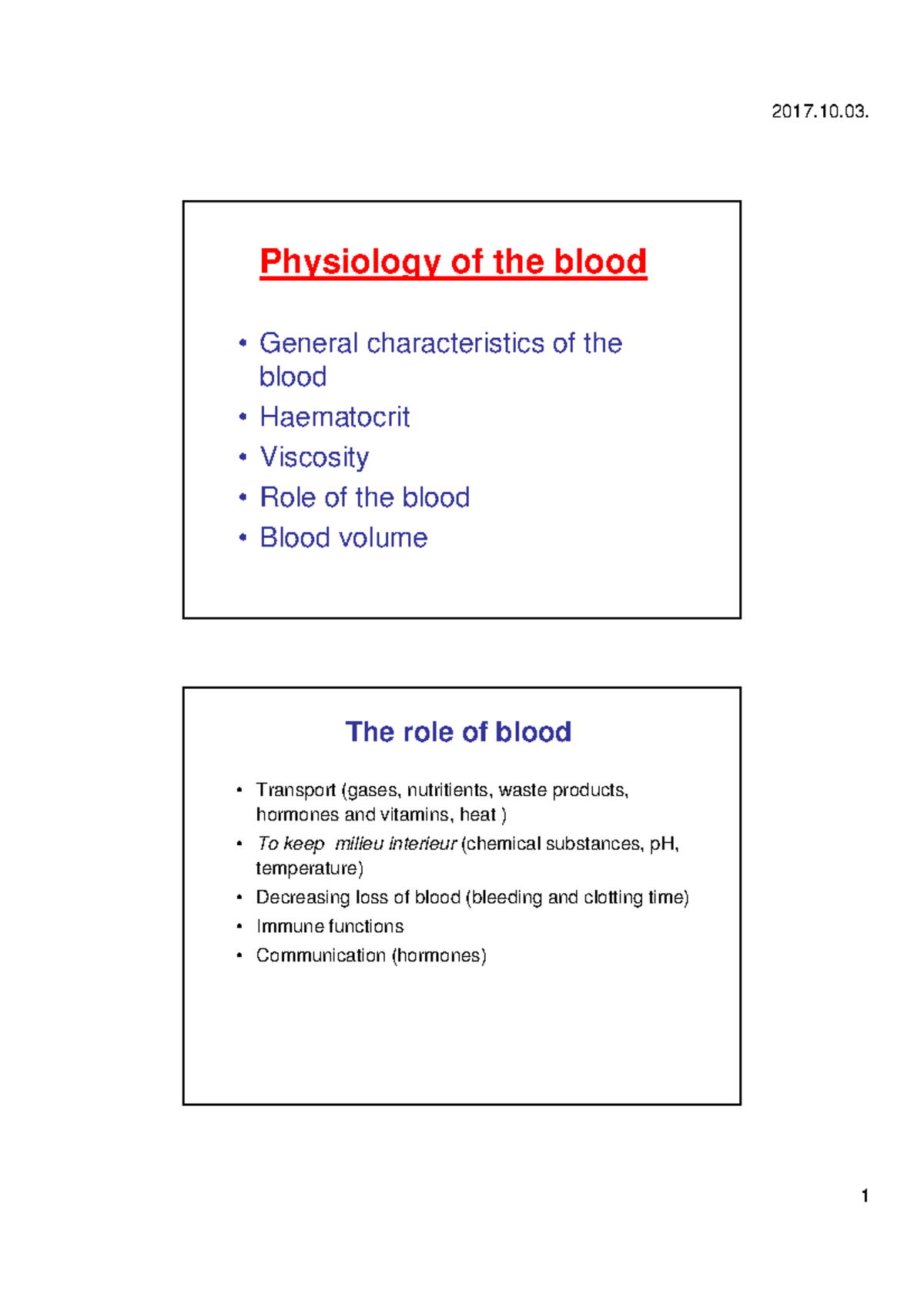 Blood experiments - 2017.10. Physiology of the blood General ...
