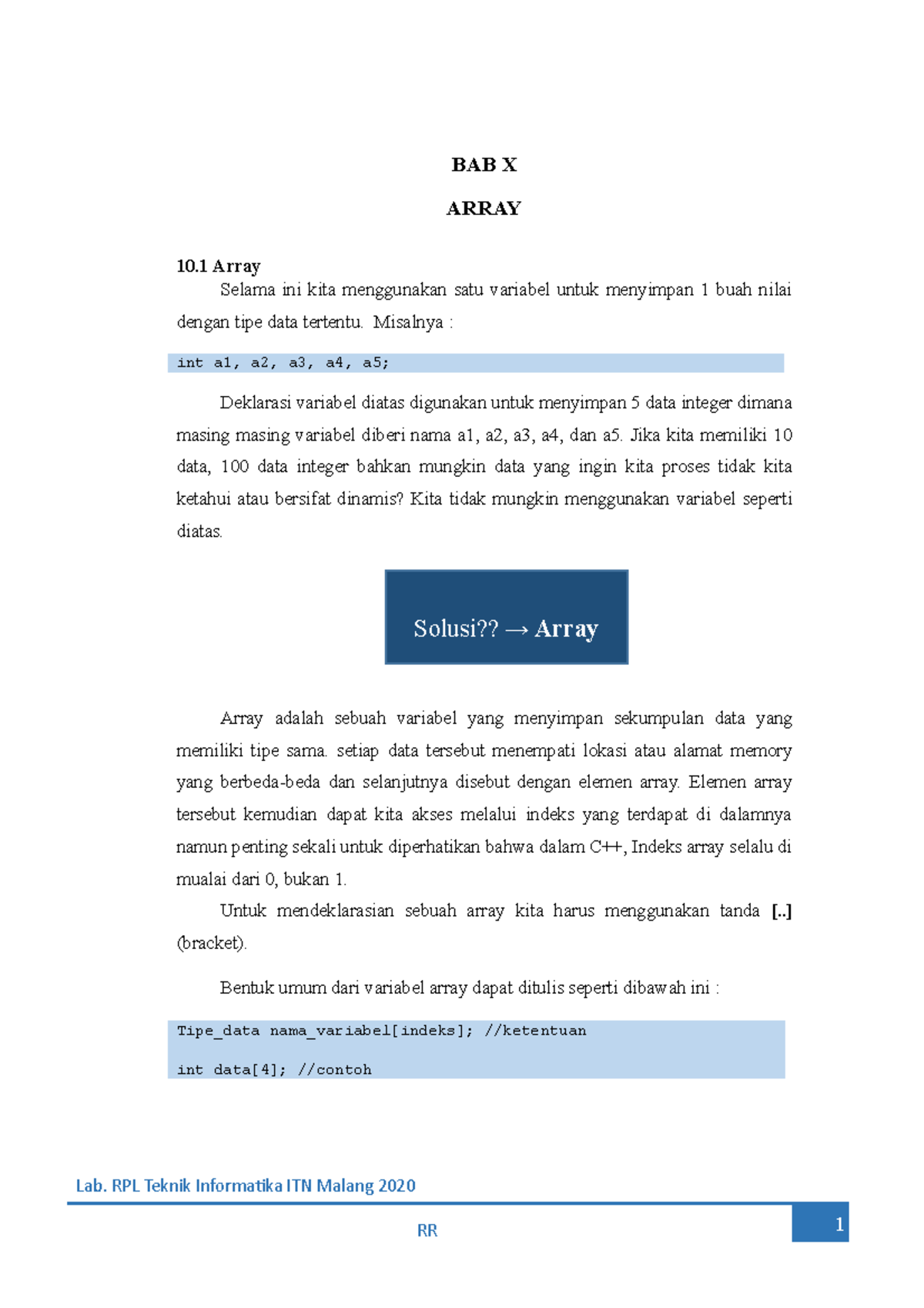 BAB X - Catatan ringkasan bab 10 - Lab. RPL Teknik Informatika ITN Malang 2020 BAB X ARRAY 10 ...