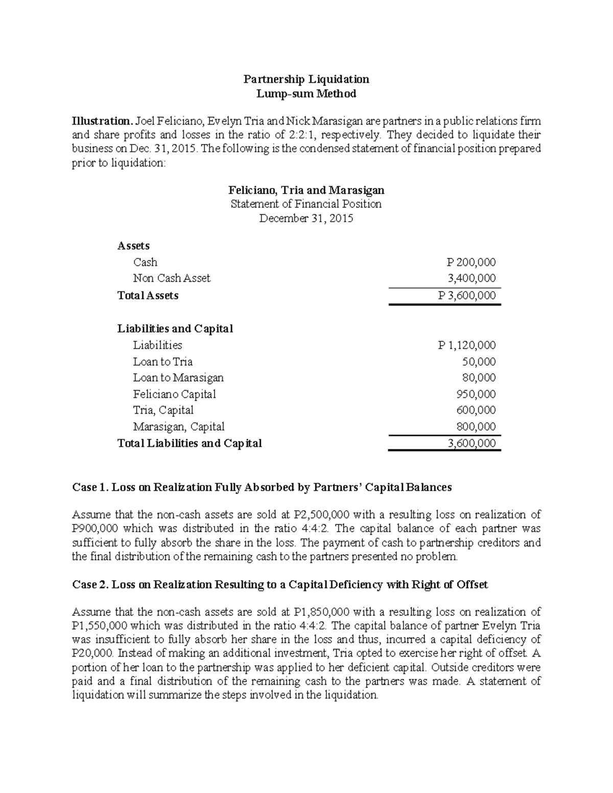 Exercise Partnership-Liquidation - Partnership Liquidation Lump-sum Method Illustration. Joel ...