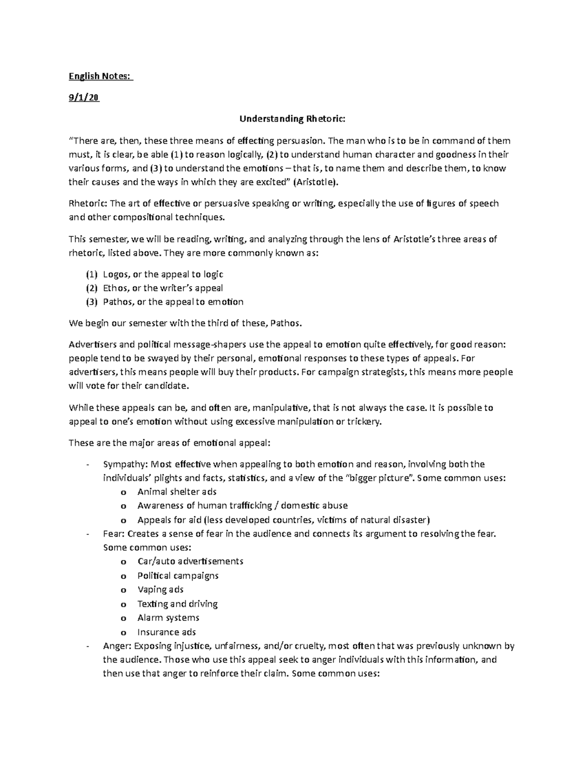 Notes #1 (understanding rhetoric) - English Notes: 9/1/ Understanding ...
