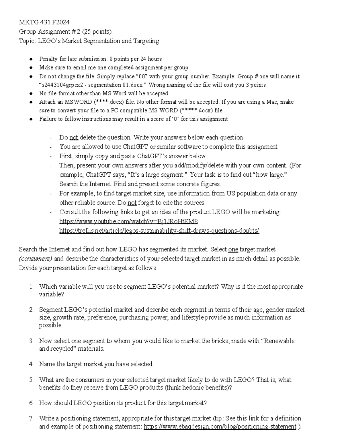 MKTG431 F2024 Group Assignment # 2 - MKTG 431 F Group Assignment # 2 ...