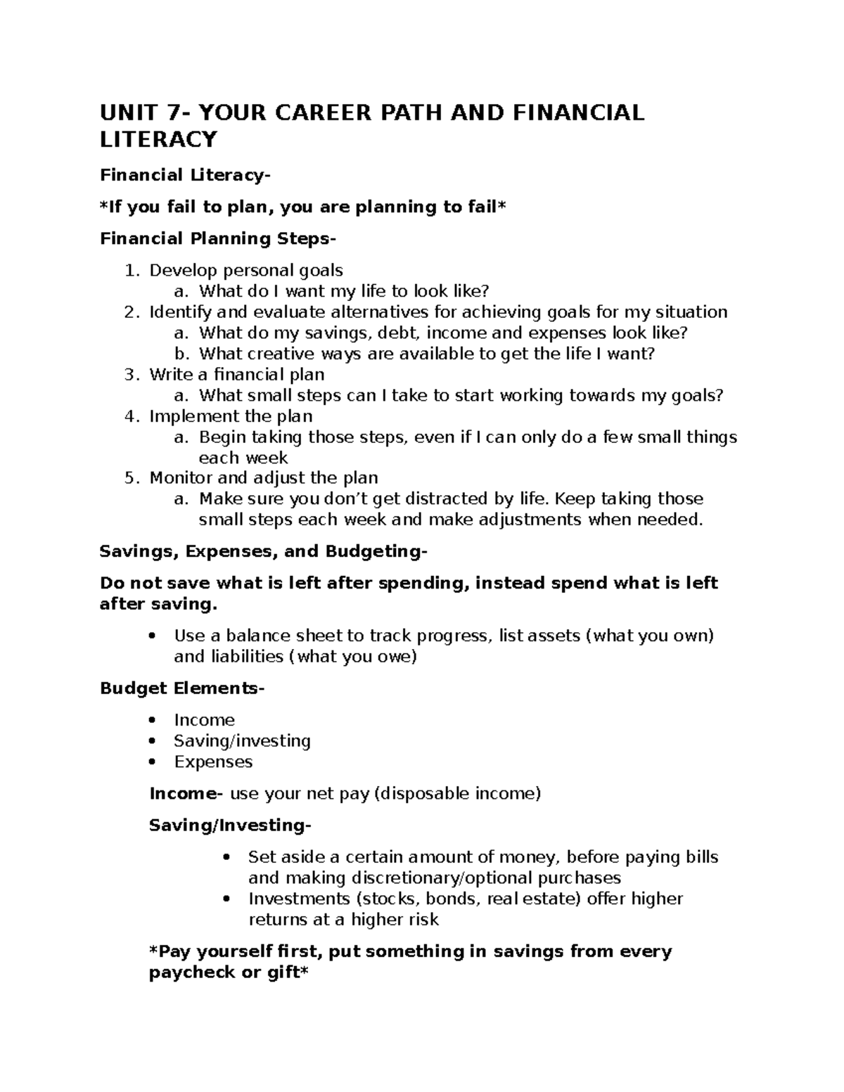 UNIT 7- career path and financial literacy - UNIT 7- YOUR CAREER PATH ...