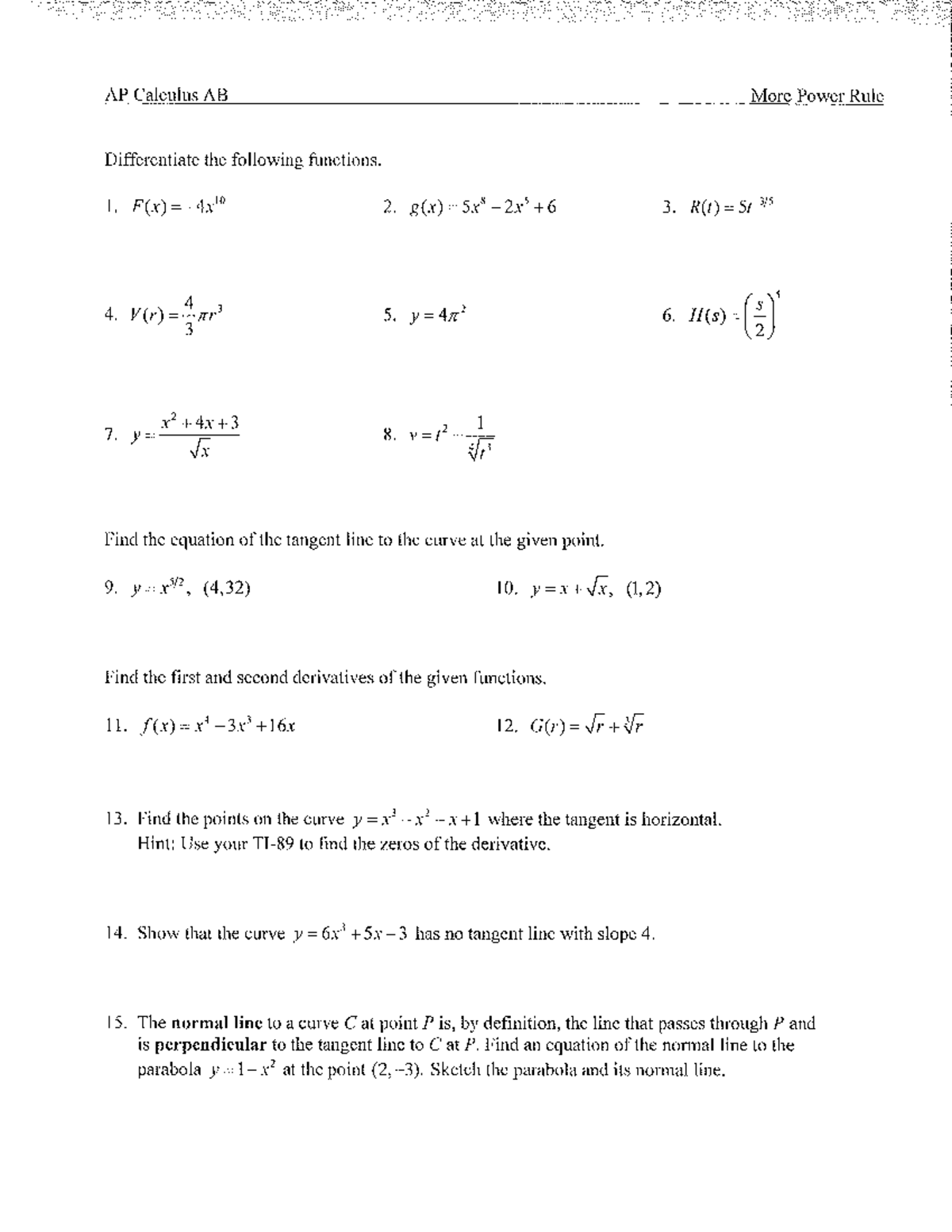 Day 3 more power rule - AP Calculus AB More Power Rule Differentiate ...