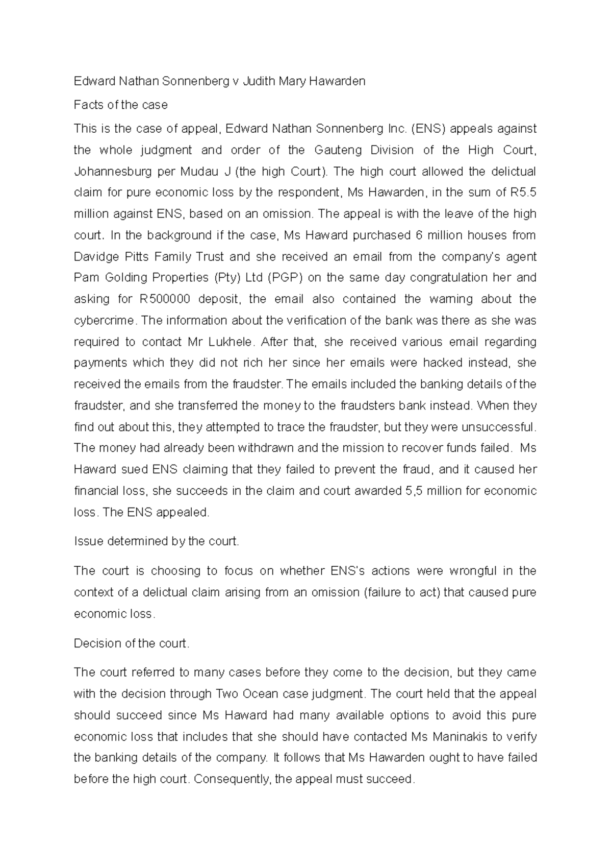 Delict case 1 summary - Edward Nathan Sonnenberg v Judith Mary Hawarden ...