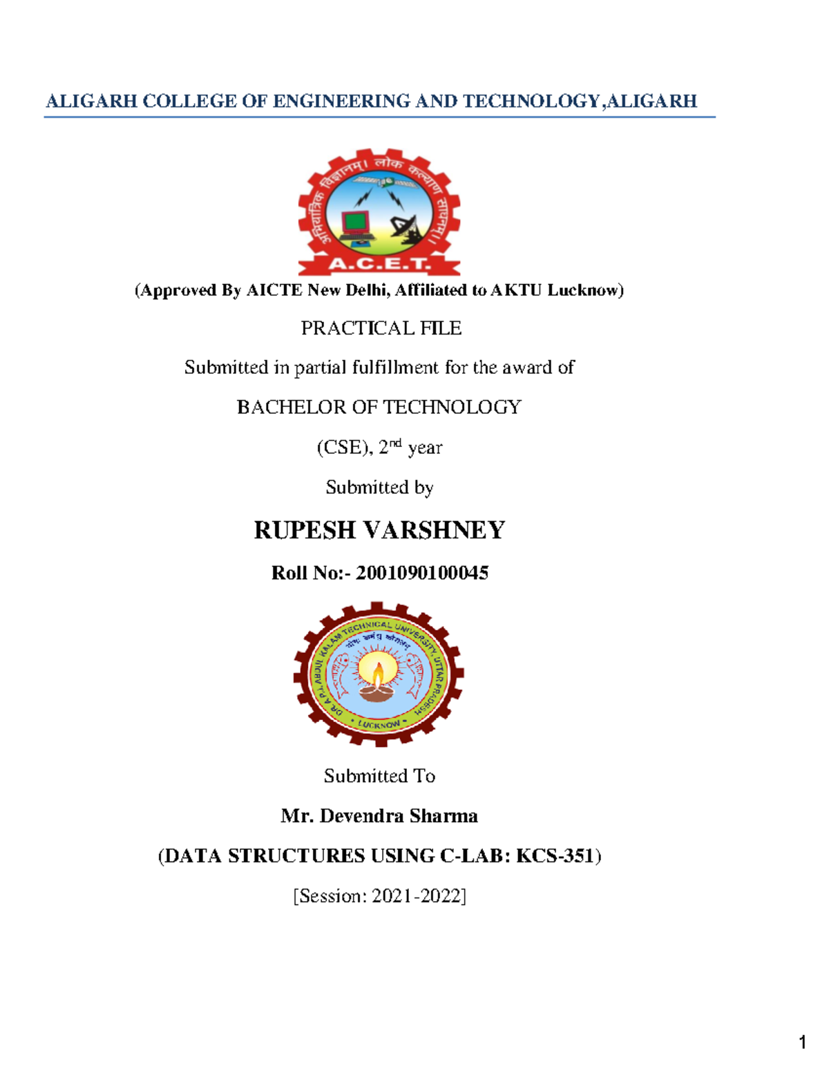 Final Ds File - It's a Full lab file - ALIGARH COLLEGE OF ENGINEERING AND TECHNOLOGY,ALIGARH ...