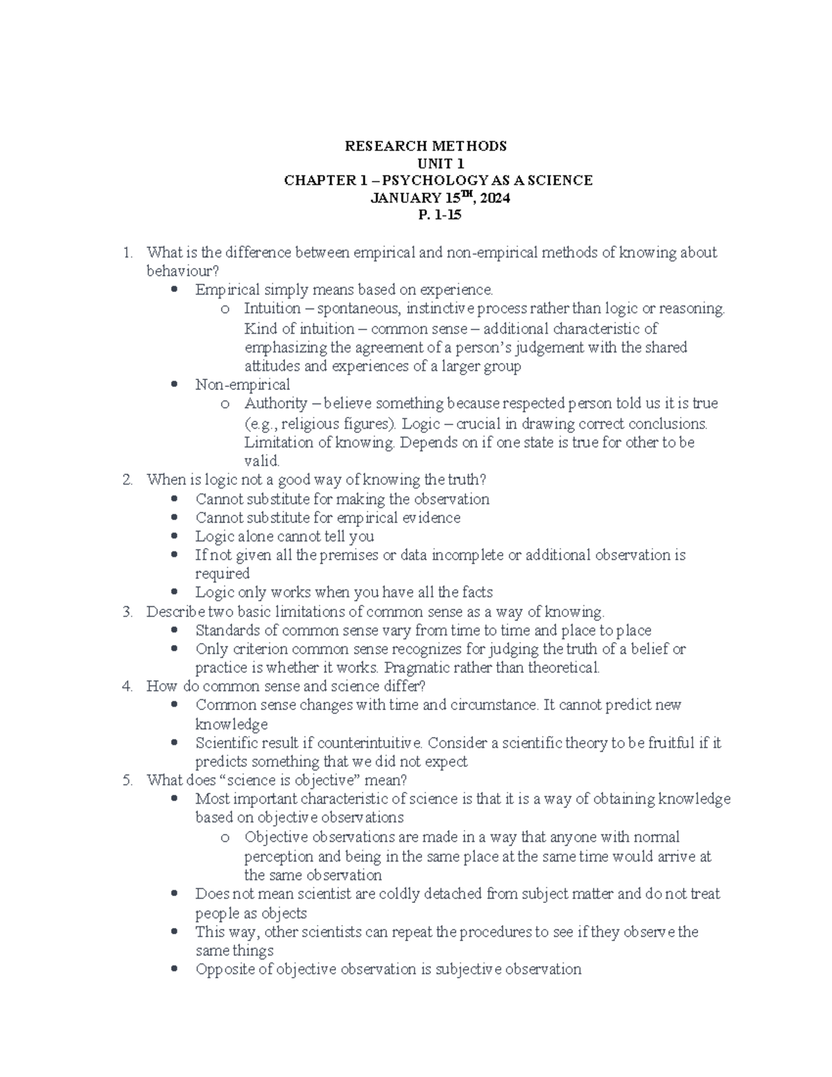 Rm unit 1 - RESEARCH METHODS UNIT 1 CHAPTER 1 – PSYCHOLOGY AS A SCIENCE ...