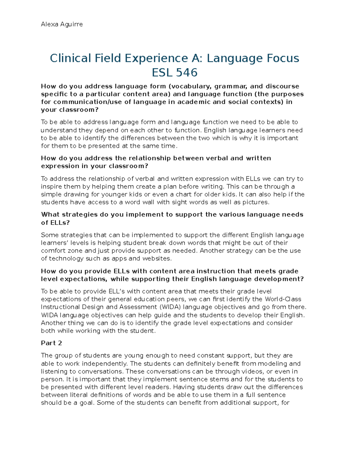 Clinical Field Experience ESL 546 - Alexa Aguirre Clinical Field ...