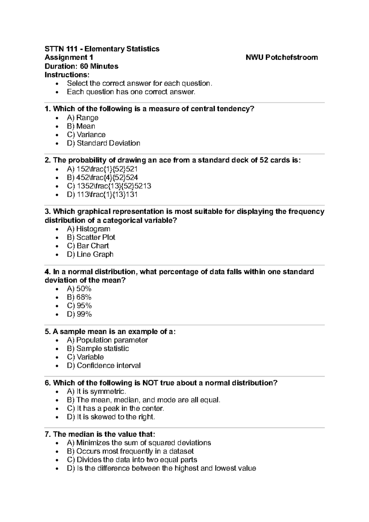 STTN111-Assignment 1 - Assignment 1 - STTN 111 - Elementary Statistics ...