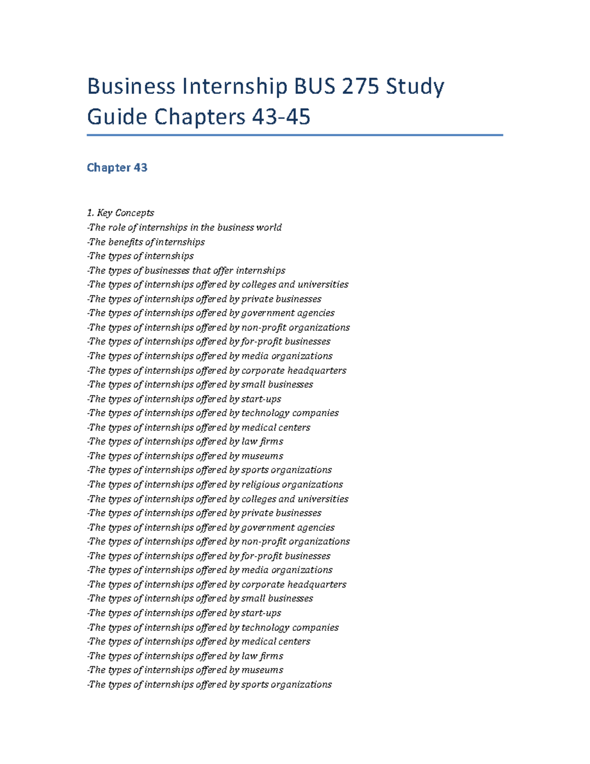 Business Internship BUS 275 Study Guide Chapters 43-45 - Business Internship BUS 275 Study Guide ...