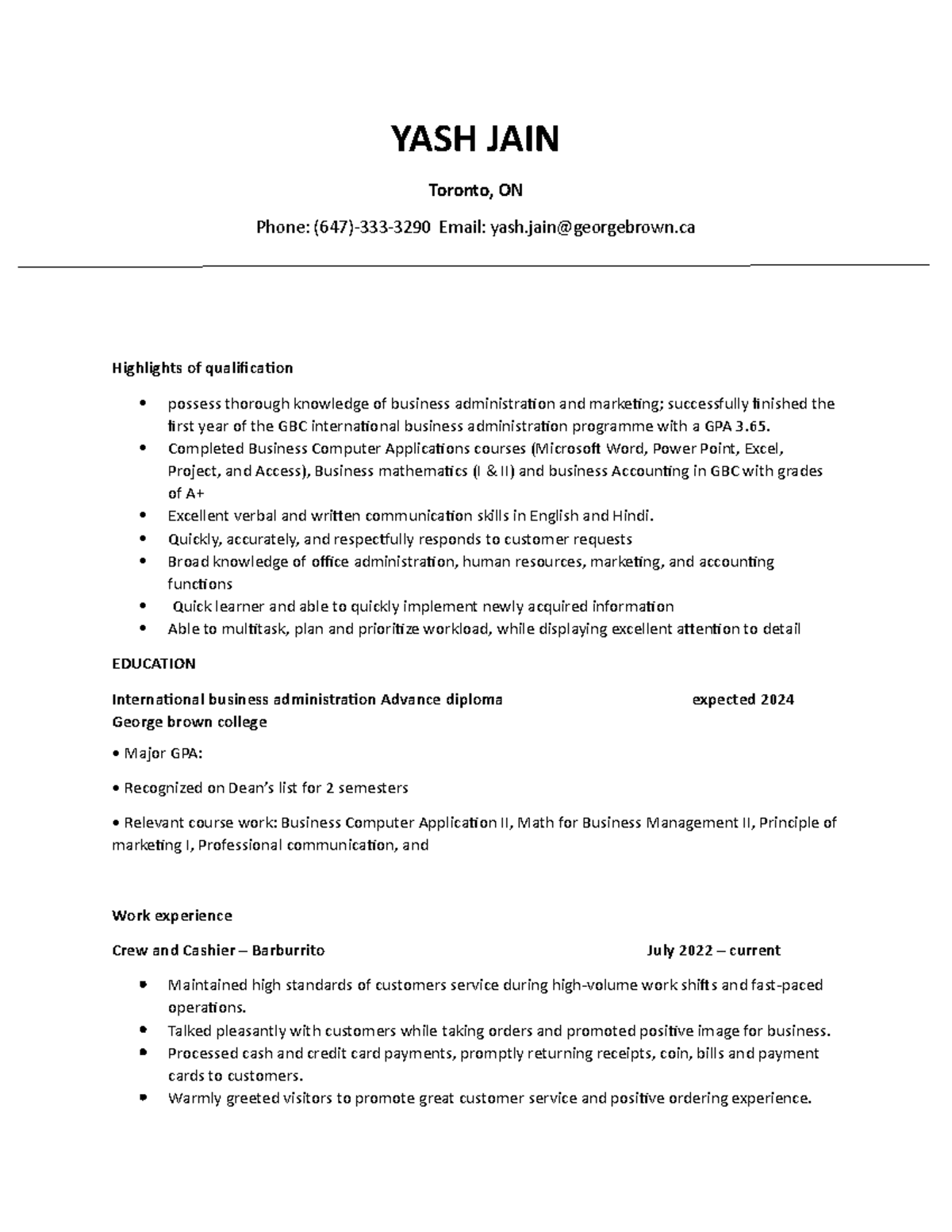 YASH co-op resume - YASH JAIN Toronto, ON Phone: (647)-333-3290 Email ...