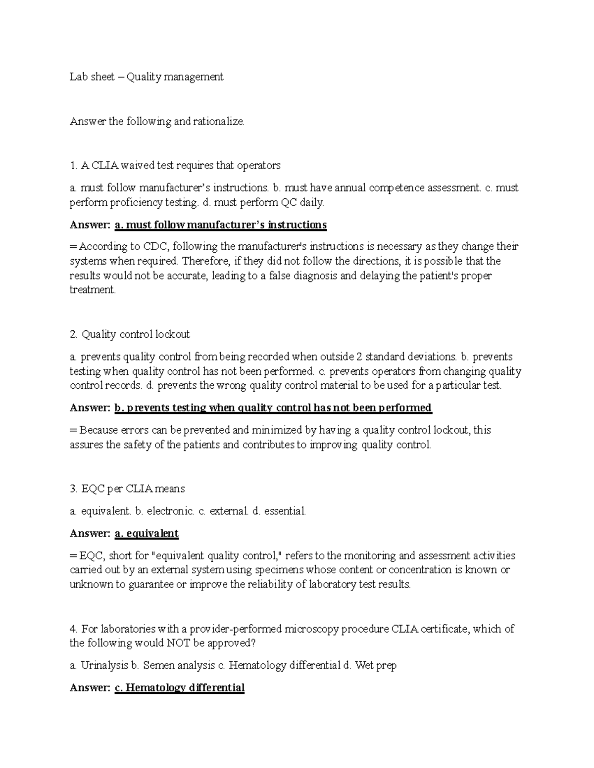Lab sheet - quality management - Lab sheet – Quality management Answer ...