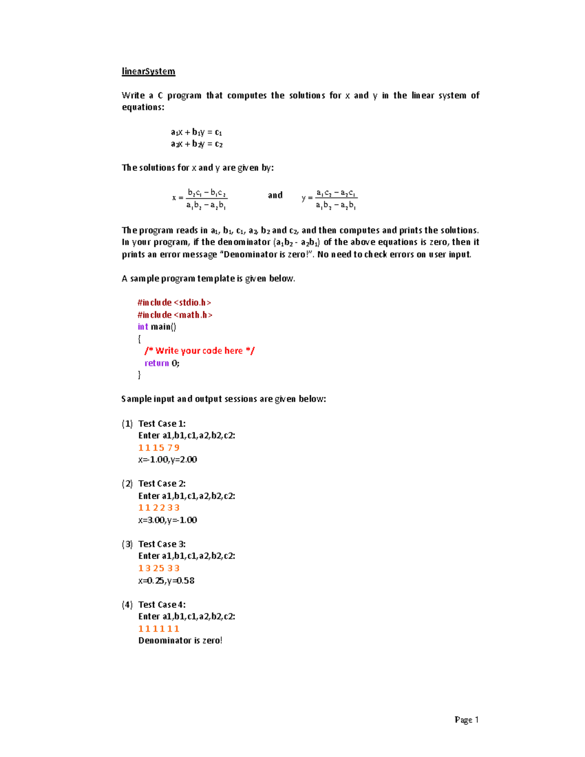 6 - linear Systems - Practice questions - Page 1 linearSystem Write a C ...