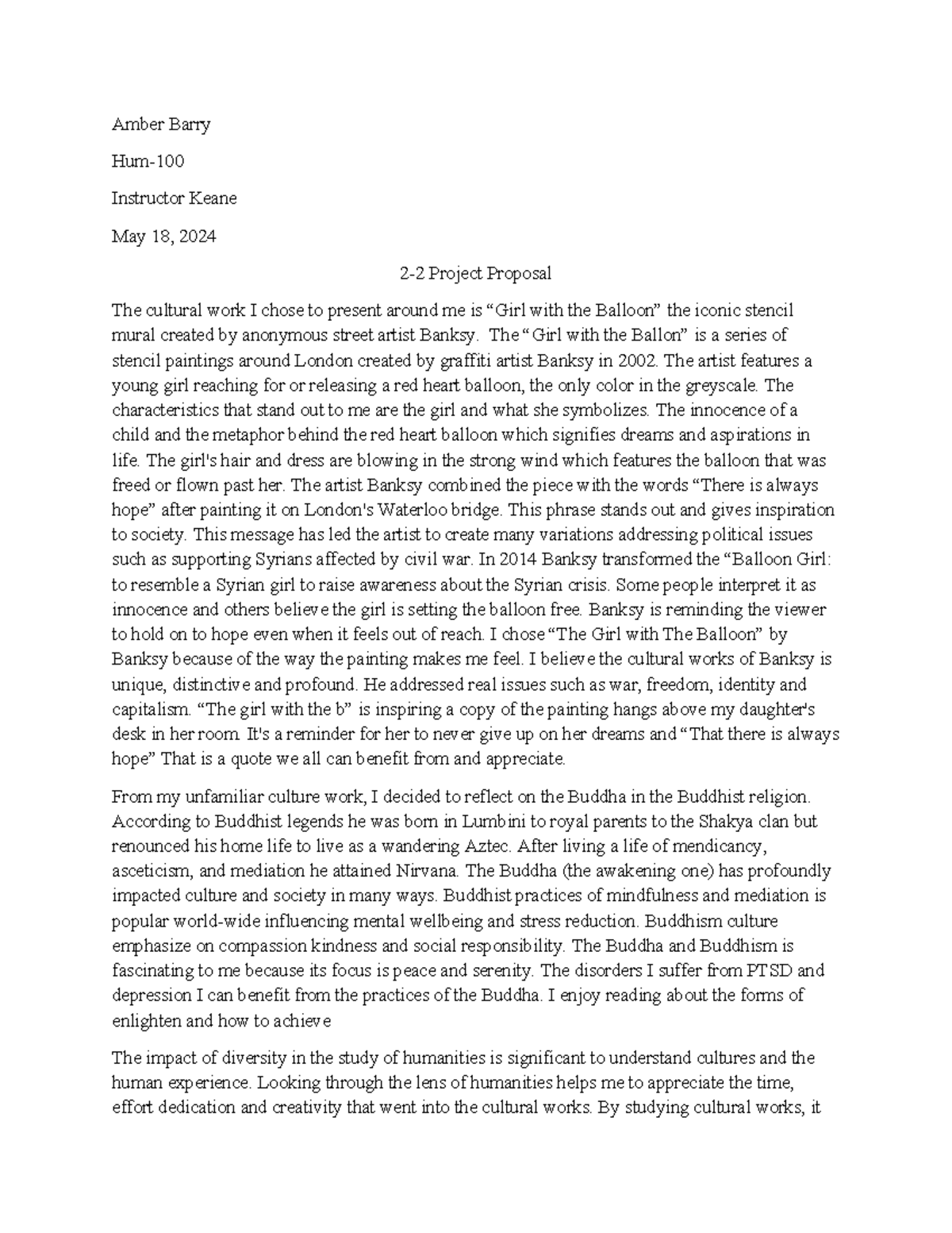 Hum 100 Proposal - assignment two or three start of the course - Amber ...