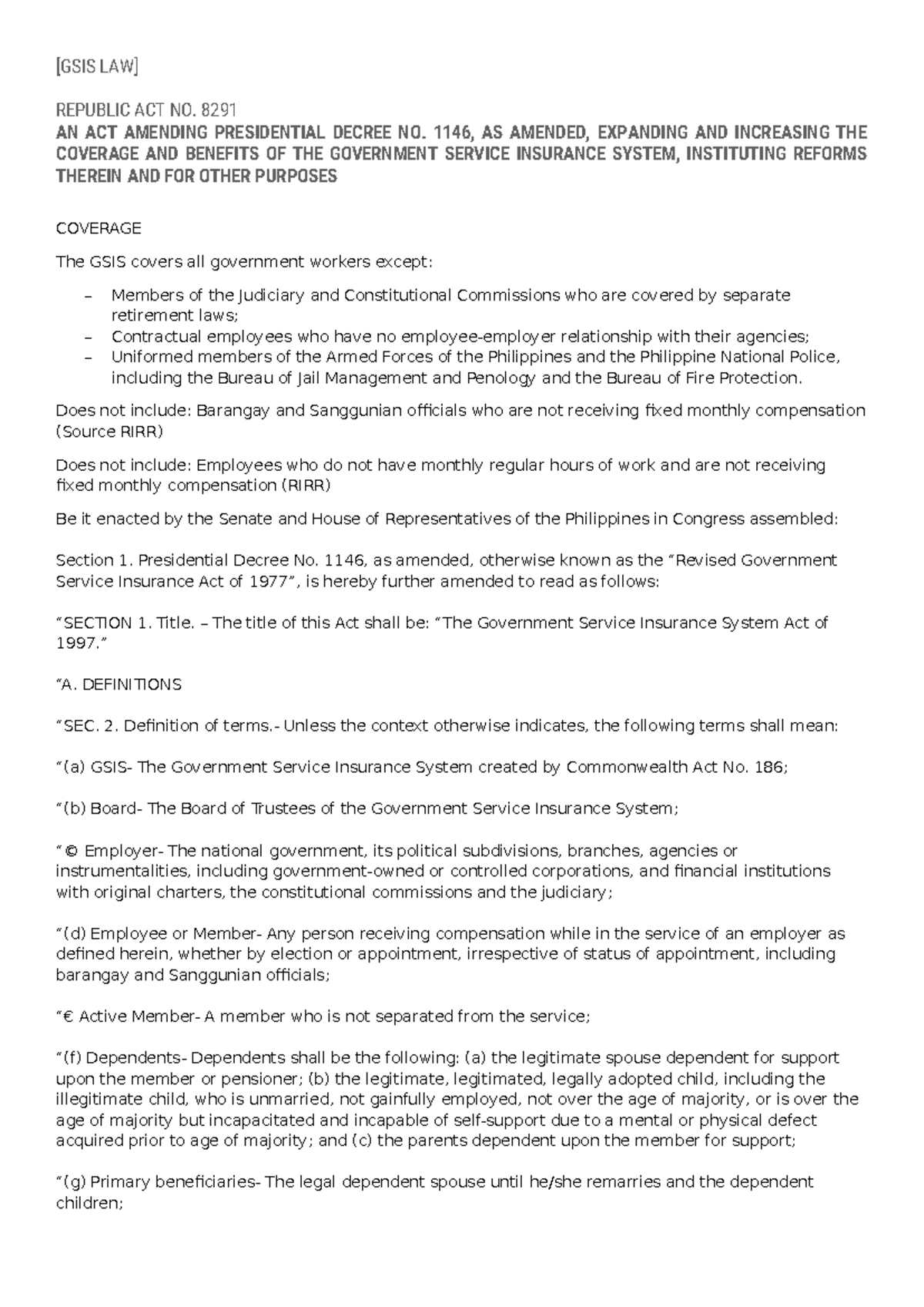 GSIS - About law - [GSIS LAW] REPUBLIC ACT NO. 8291 AN ACT AMENDING ...