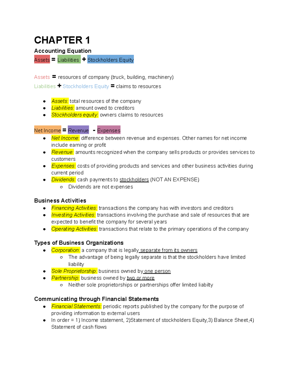 ACC 201 - notes - CHAPTER 1 Accounting Equation ####### Assets ...