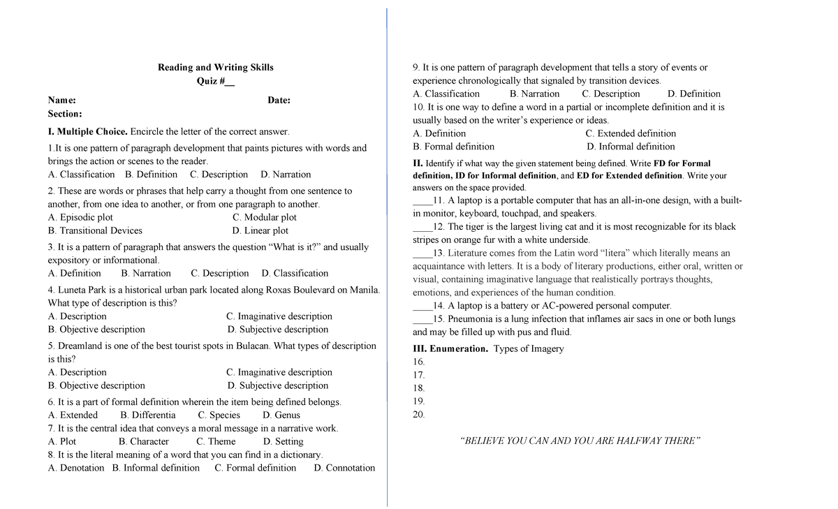 Reading and writing - Multiple Choice. Encircle the letter of the ...