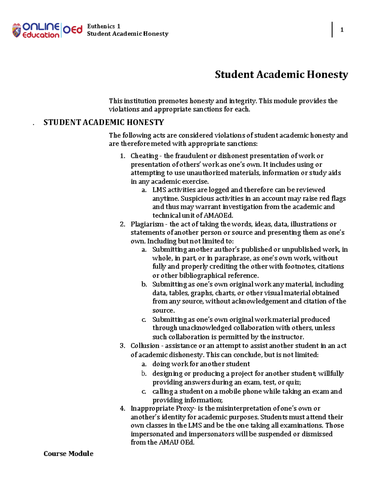 Week 11 - Lesson 8 - Student Academic Honesty - Euthenics 1 Student ...