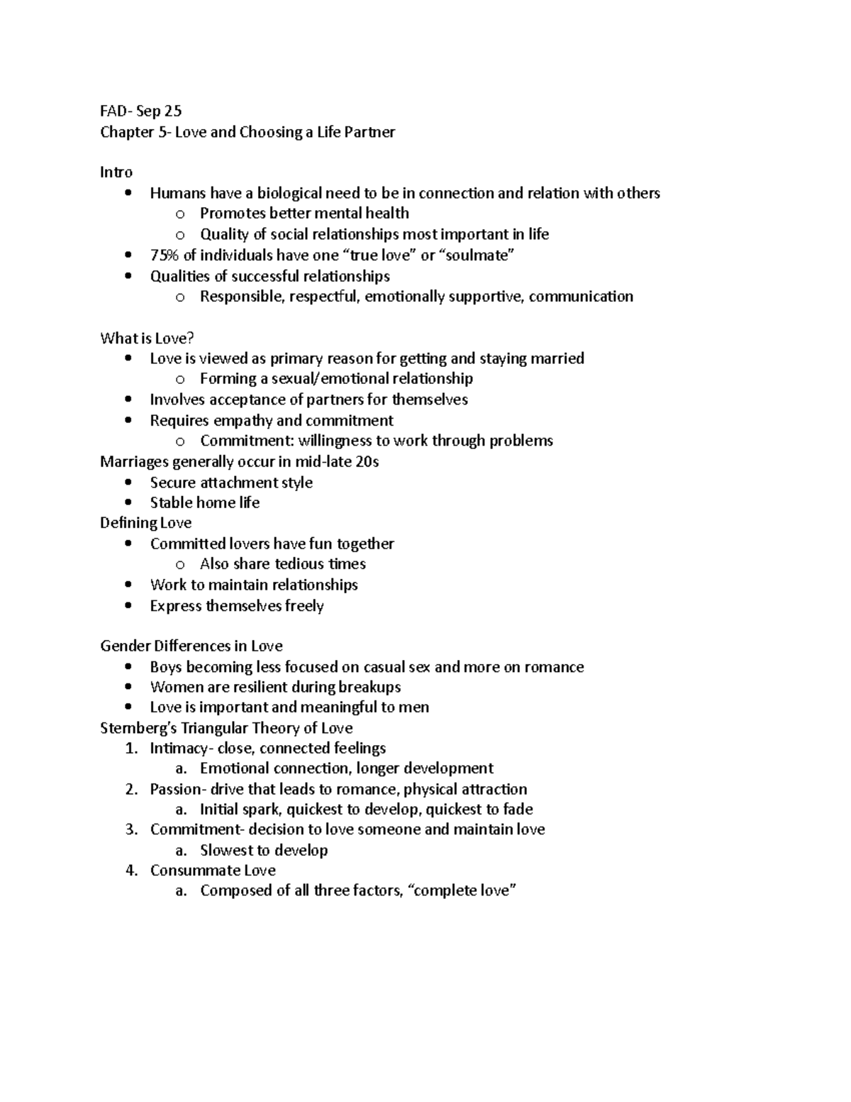 FAD- Chapter 5 - Lecture notes 5 - FAD- Sep 25 Chapter 5- Love and ...