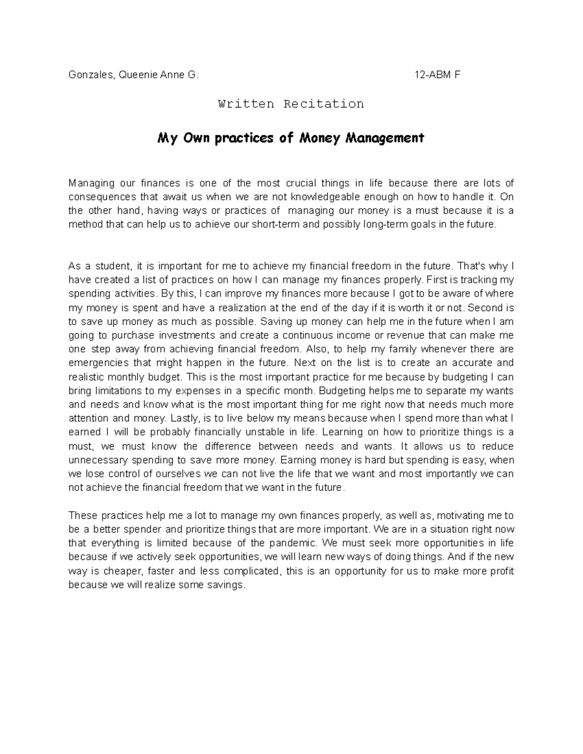 My own practices of money management - Gonzales, Queenie Anne G. 12-ABM ...