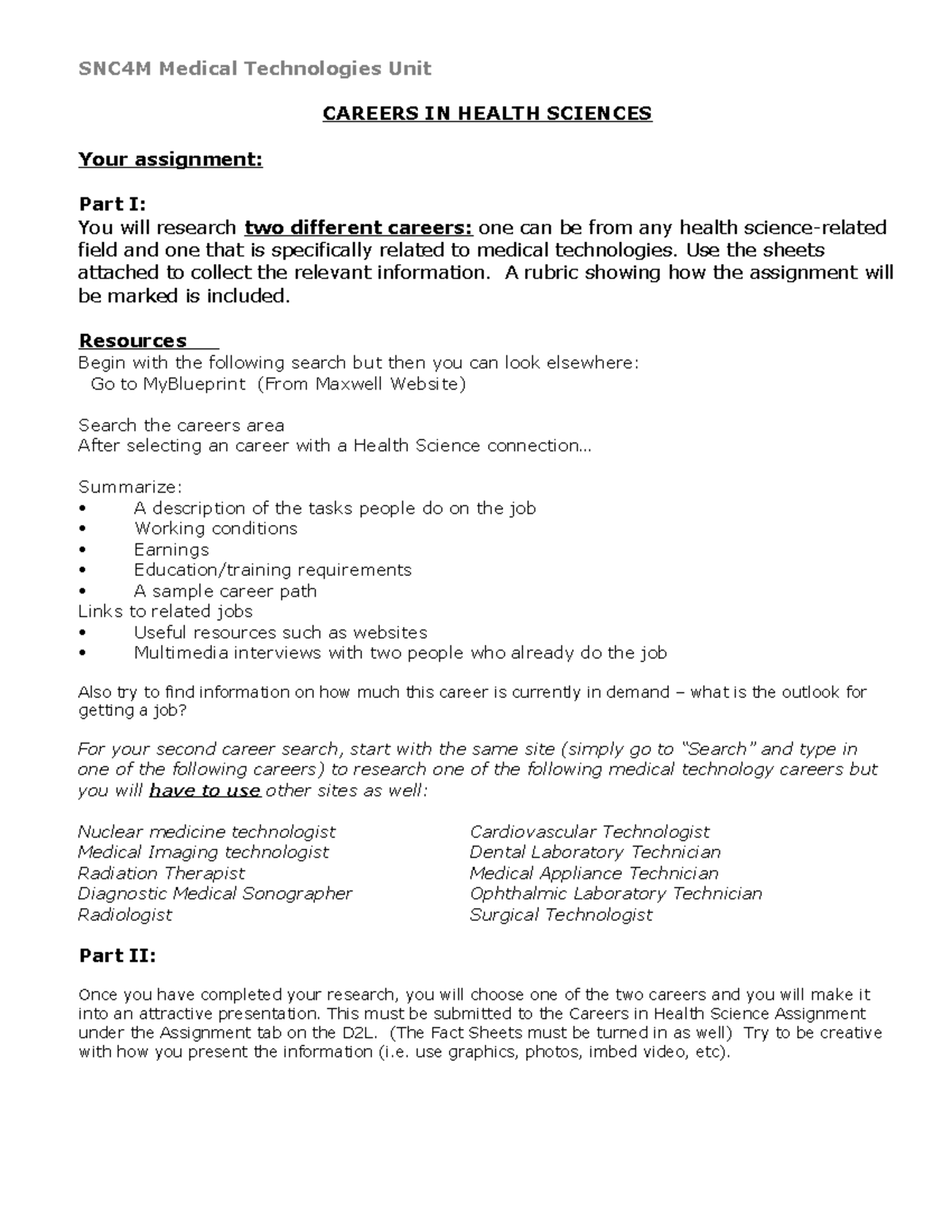 Lesson 2c - health science career project - CAREERS IN HEALTH SCIENCES ...