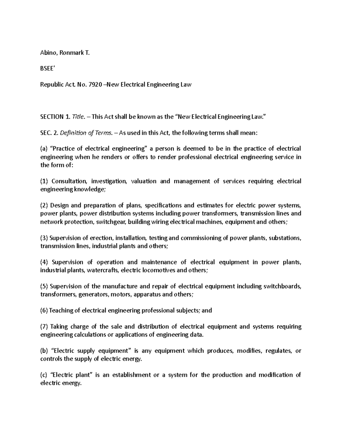 EE LAWS RA 7920 - Lecture notes 1 - Abino, Ronmark T. BSEE’ Republic ...
