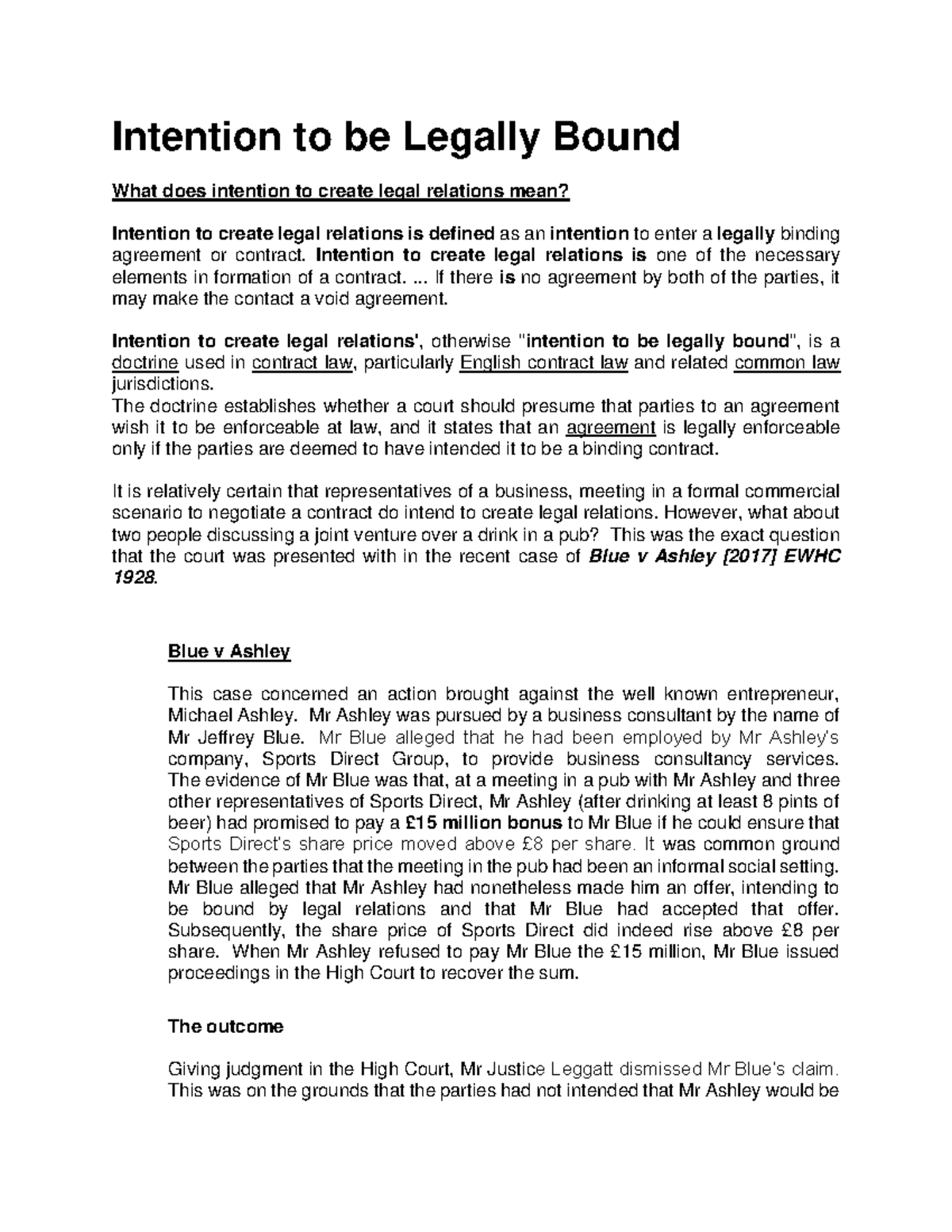 Intention TO Create Legal Relations Notes 2 - Intention to be Legally ...