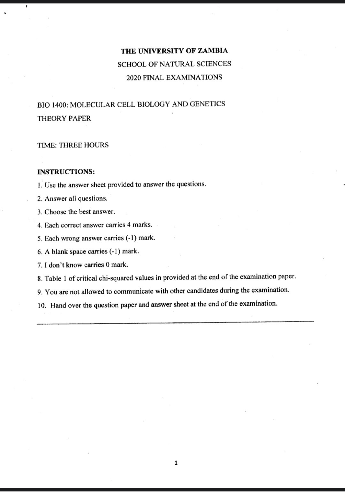 BIO 1400 (2020 EXAM) UNZA - THE UNIVERSITY OF ZAMBIA SCHOOL OF NATURAL ...