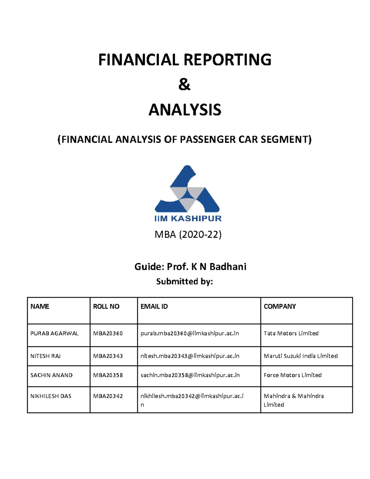 Financial Reporting and Analysis of Passenger Car Segment - FINANCIAL ...
