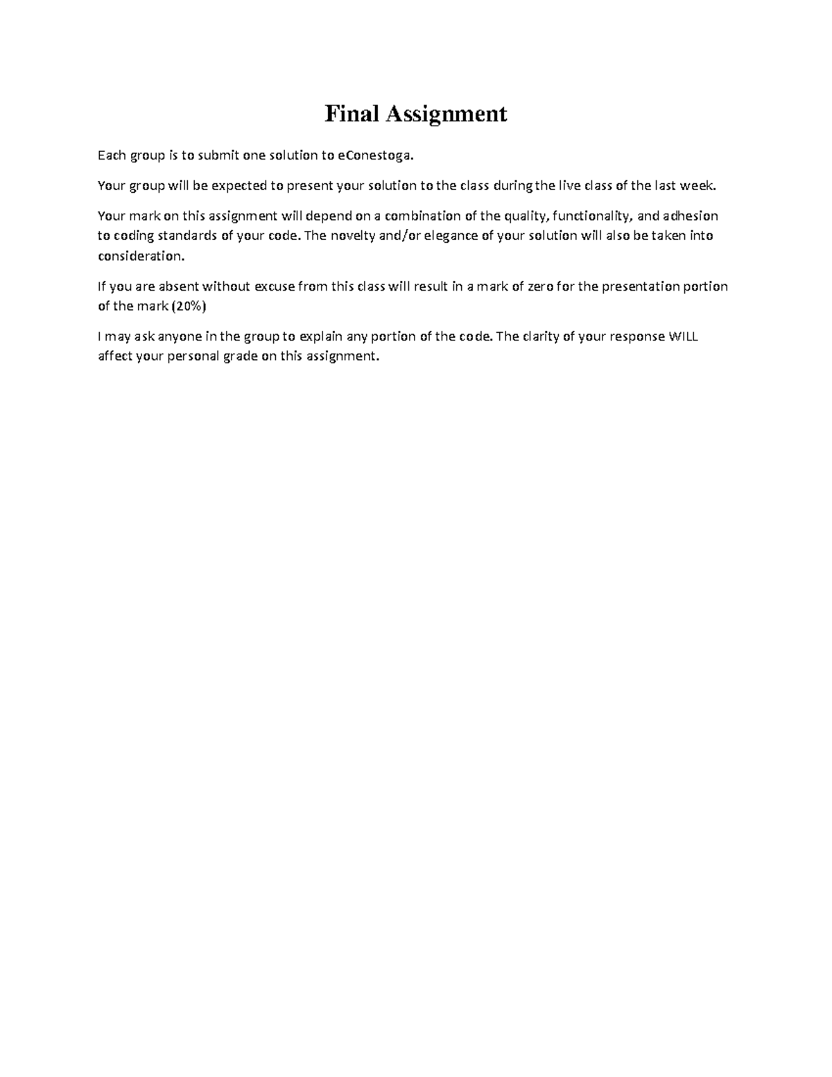 Final Assignment Problems - Final Assignment Each group is to submit ...