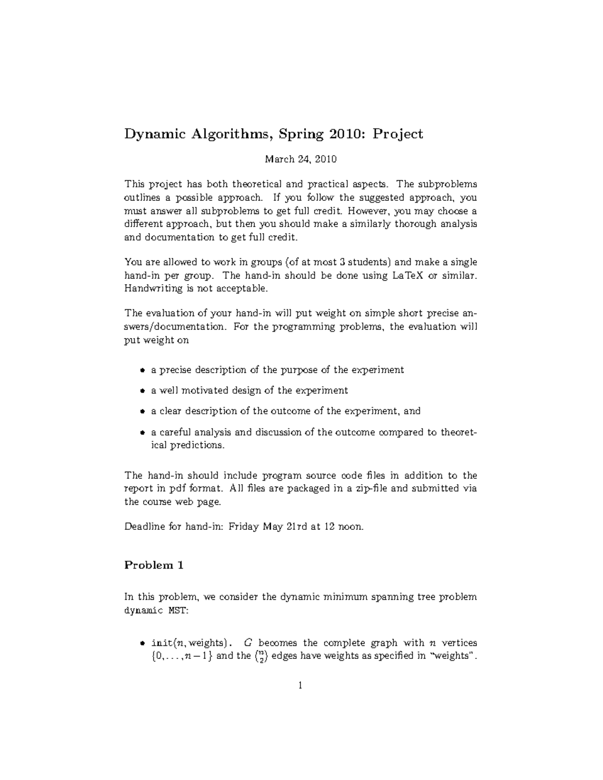 Seminar Assignments Dynamic Algorithms Spring 2010 Project