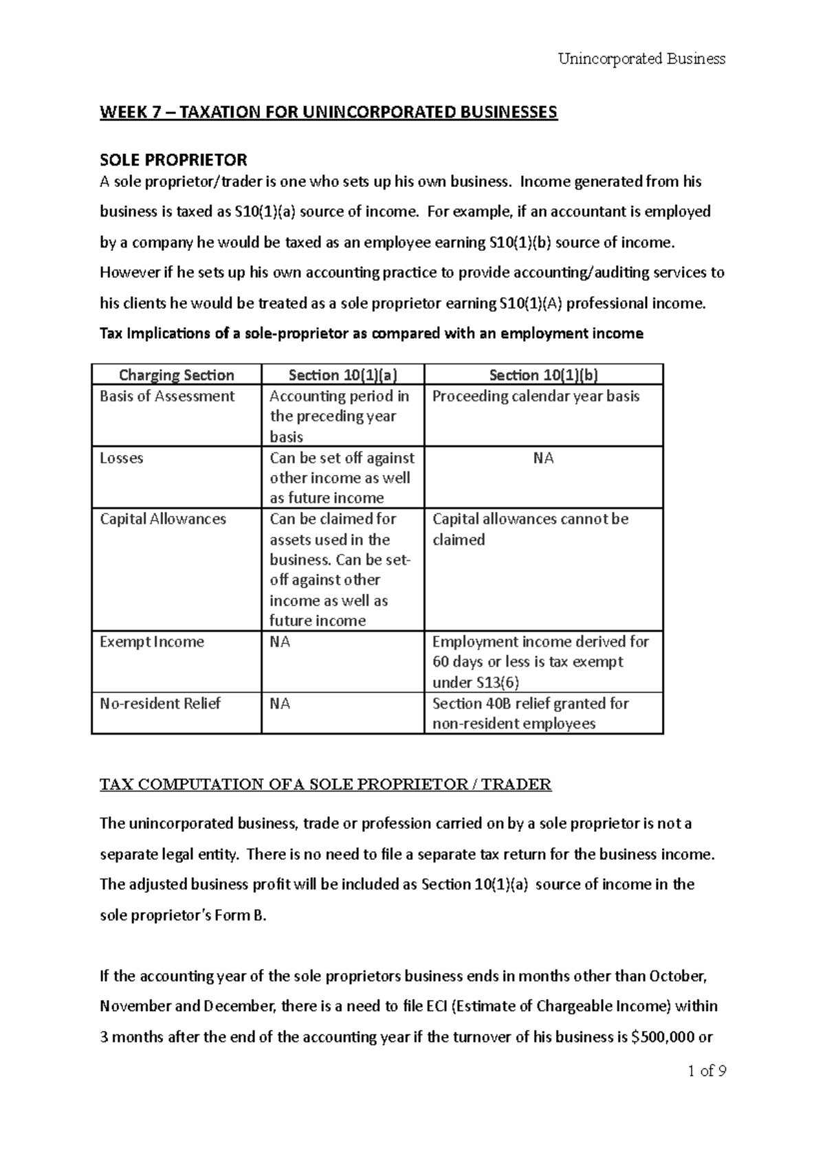 Week 7 Unincorporated Business - WEEK 7 – TAXATION FOR UNINCORPORATED ...