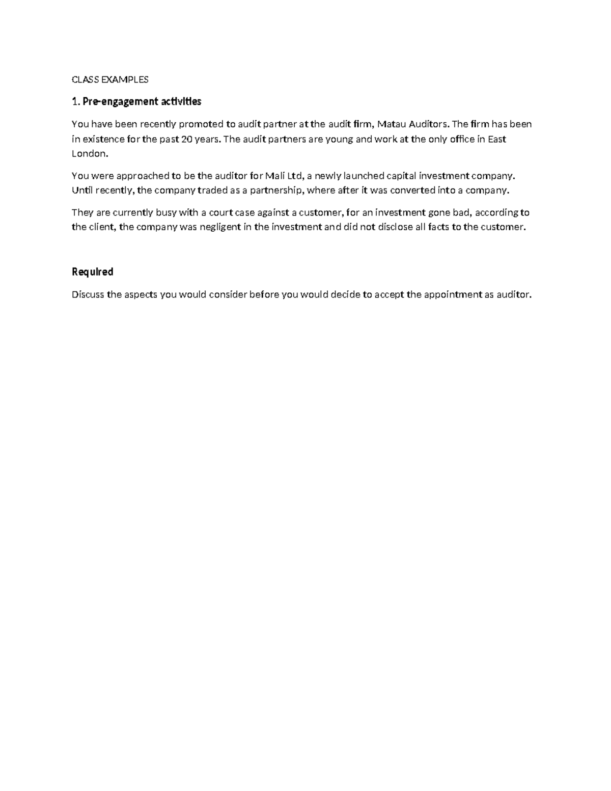 Pre-engagement and planning question - CLASS EXAMPLES Pre-engagement ...