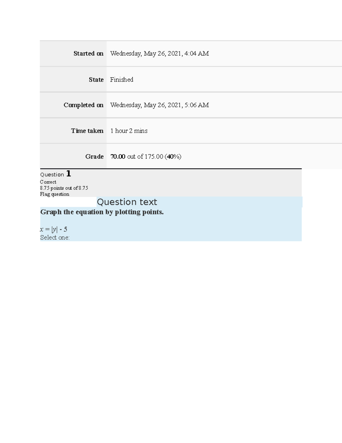 Math college algebra practice questions - Started on Wednesday, May 26 ...