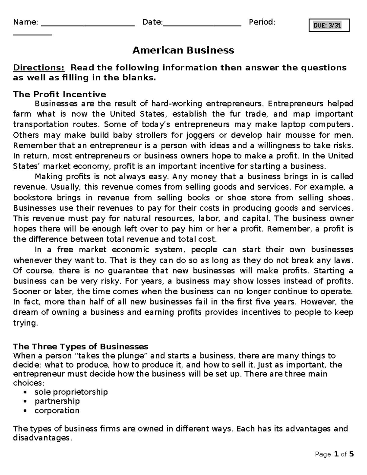 American Business 1 - Nothing - Name: ________________________ Date ...