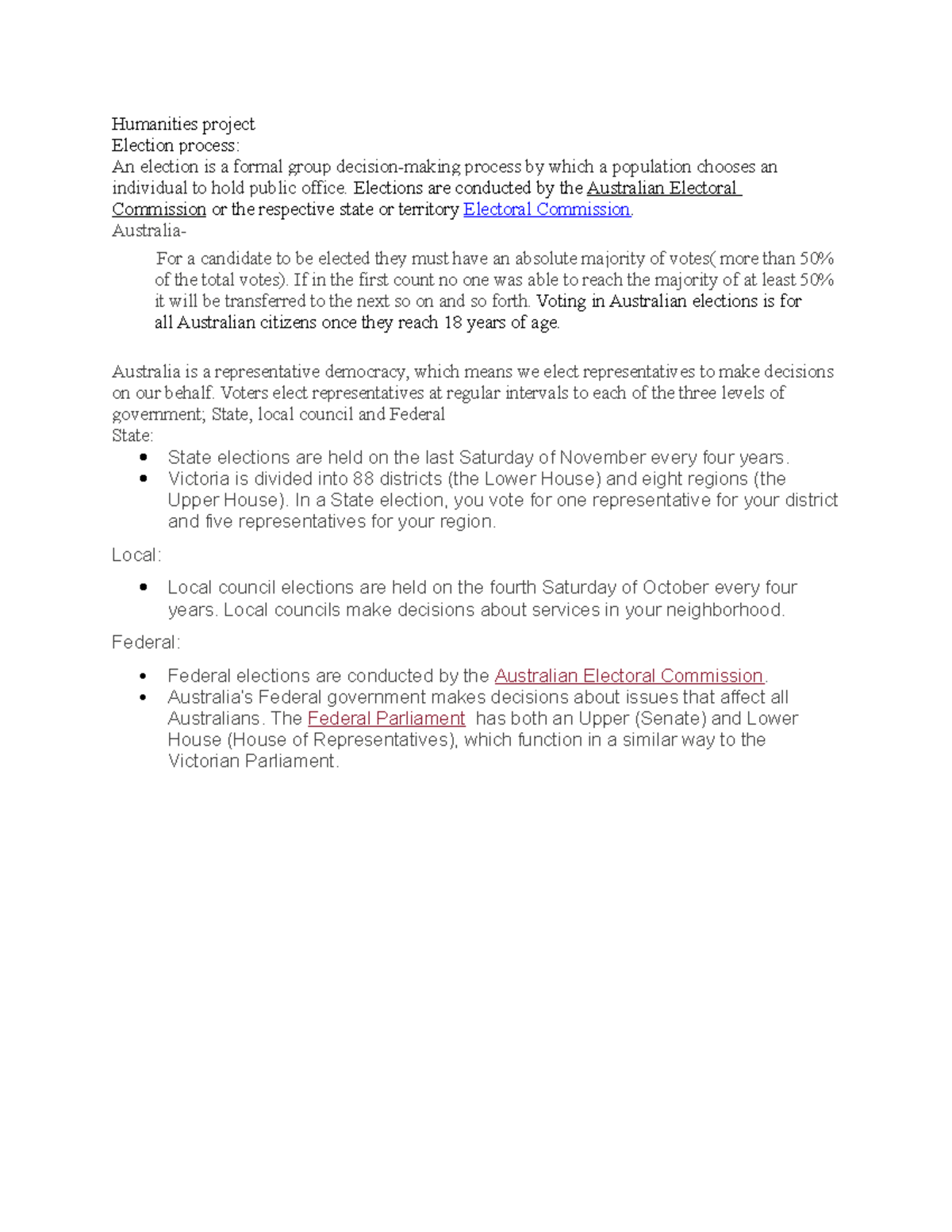 Humanities project - notes - Humanities project Election process: An ...