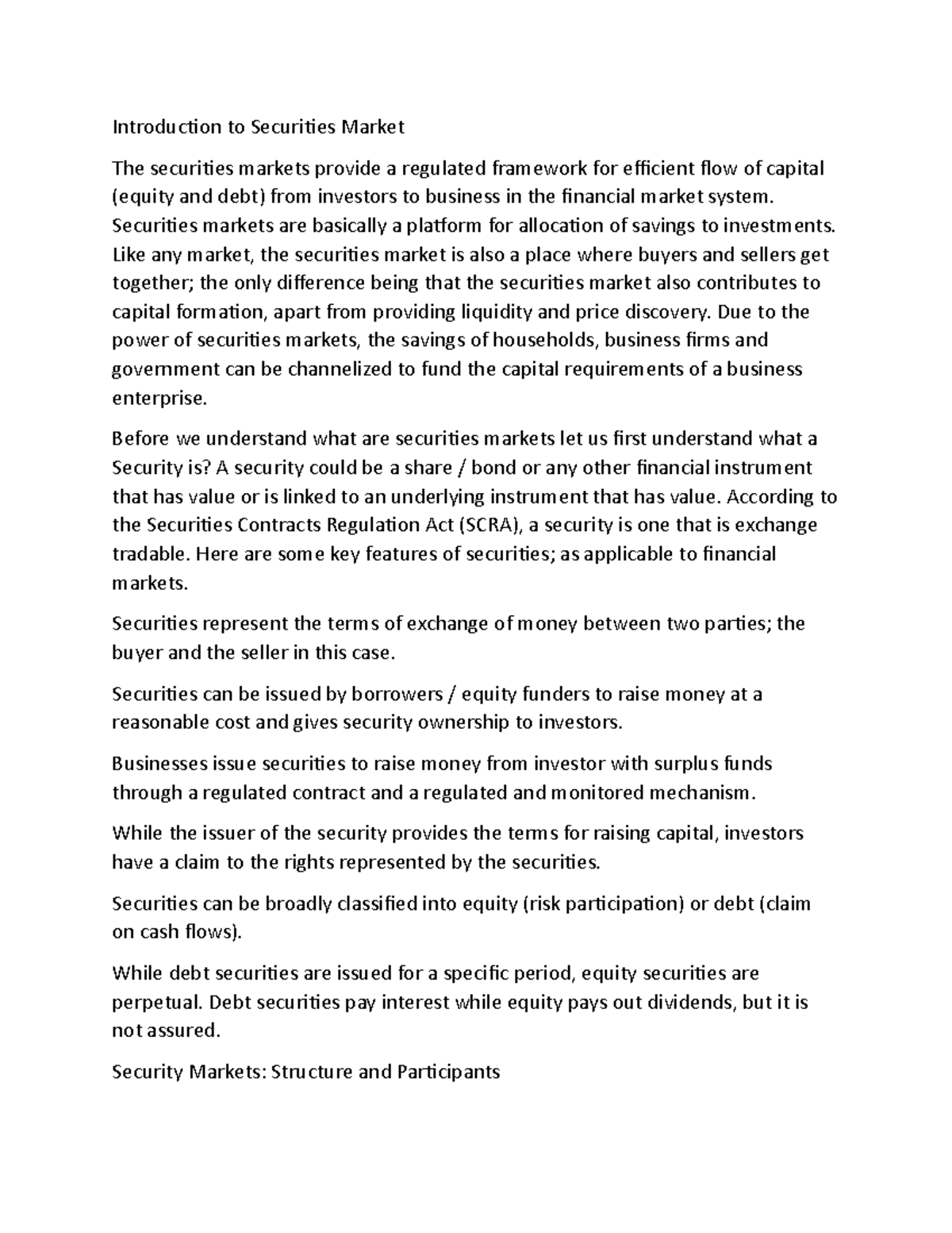 Securities and their functions - Introduction to Securities Market The ...