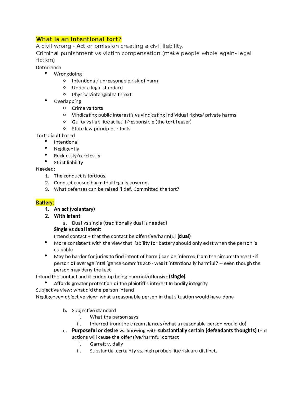 Torts Outline - What is an intentional tort? A civil wrong - Act or ...