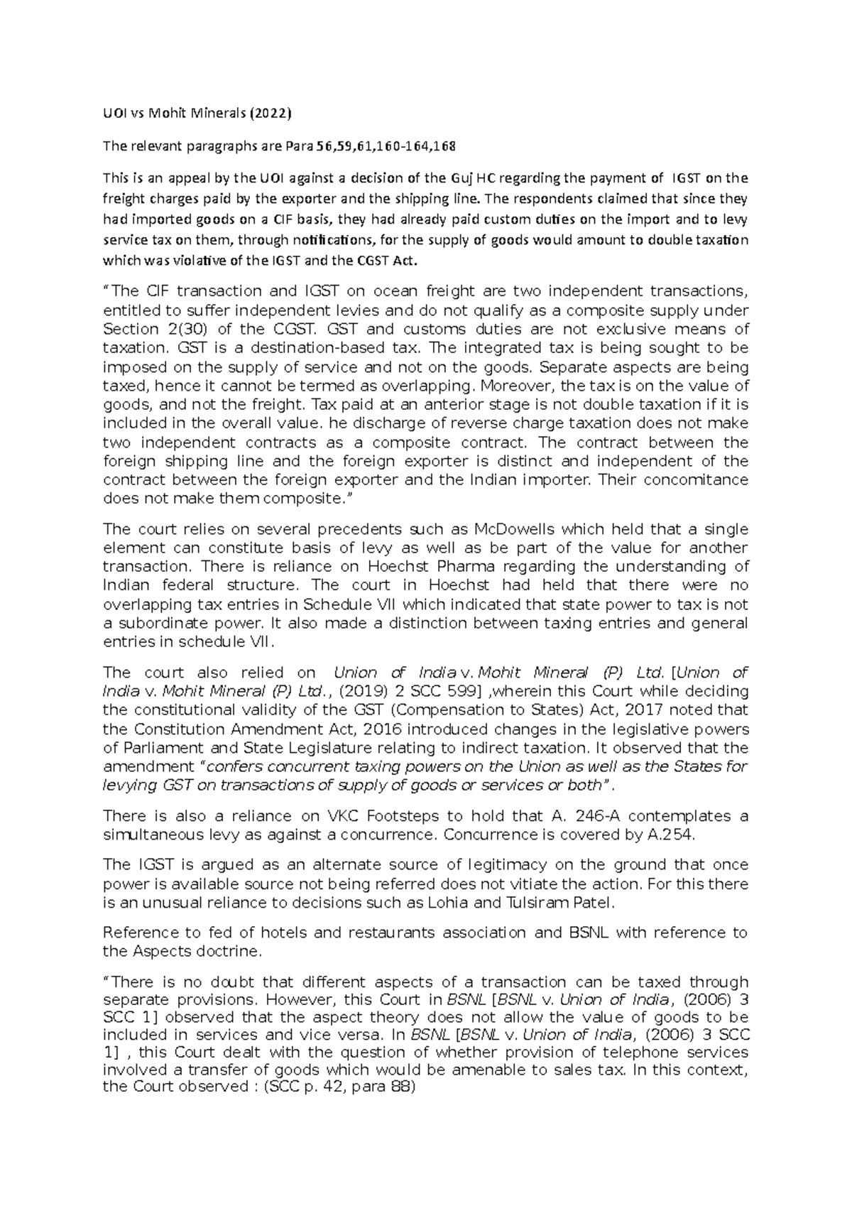 Notes on mohit minerals - UOI vs Mohit Minerals (2022) The relevant ...