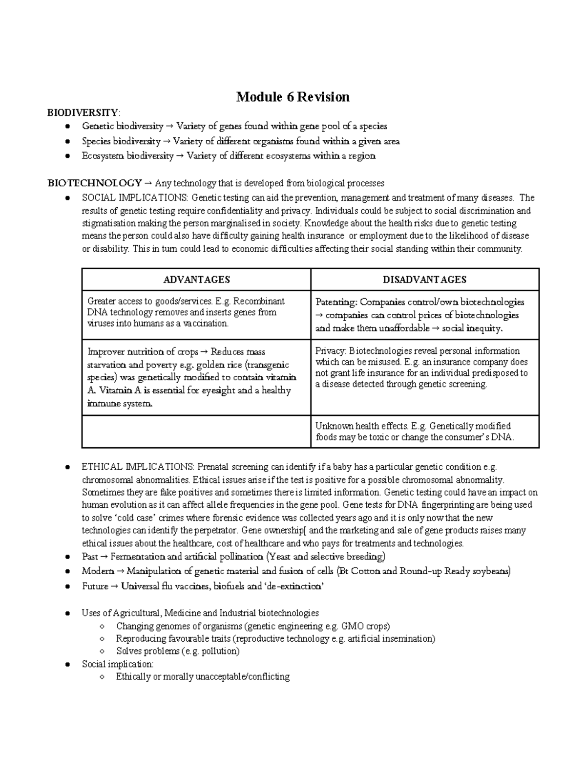 Module 6 Revision - Biology - Module 6 Revision BIODIVERSITY: Genetic biodiversity → Variety of ...
