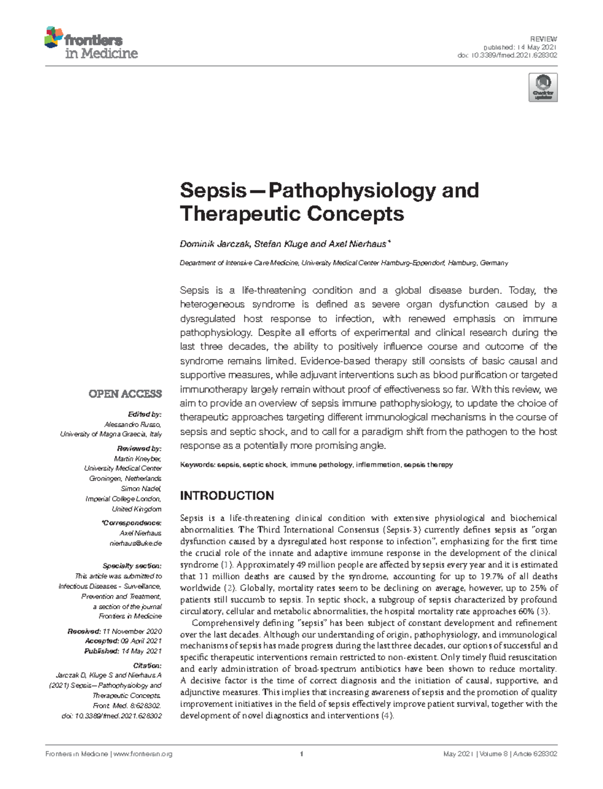 Sepsis—Pathophysiology and Therapeutic Concepts - REVIEW published: 14 ...
