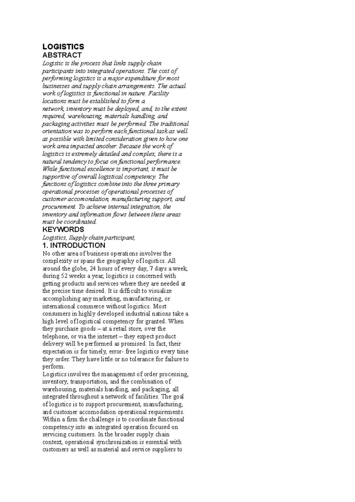 164815732-Logistics - Grade: c+ - LOGISTICS ABSTRACT Logistic is the ...