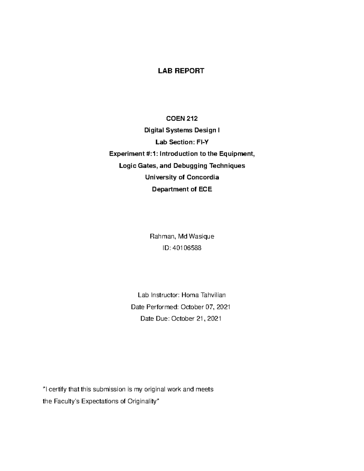 COEN-212-Lab Report-1 - LAB REPORT COEN 212 Digital Systems Design I ...