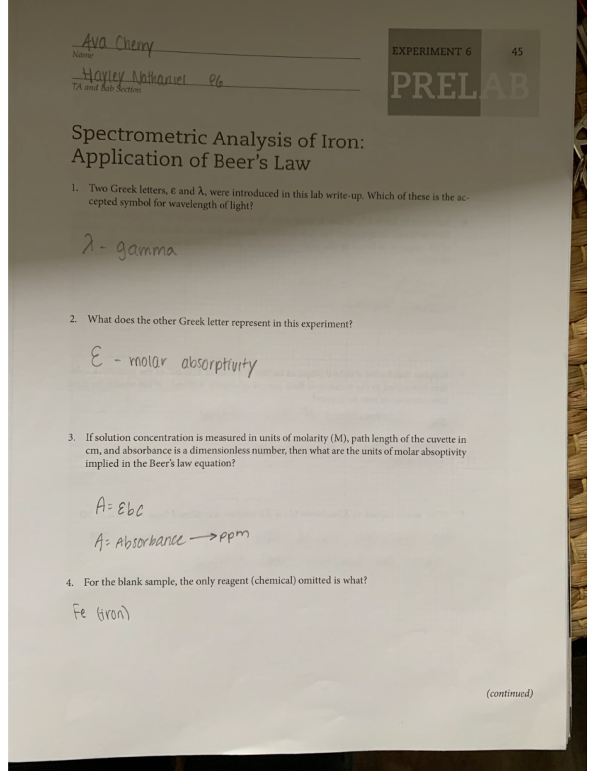 Spectro Lab chem 113 - Data Absorbance using a Spectrophotometer ...