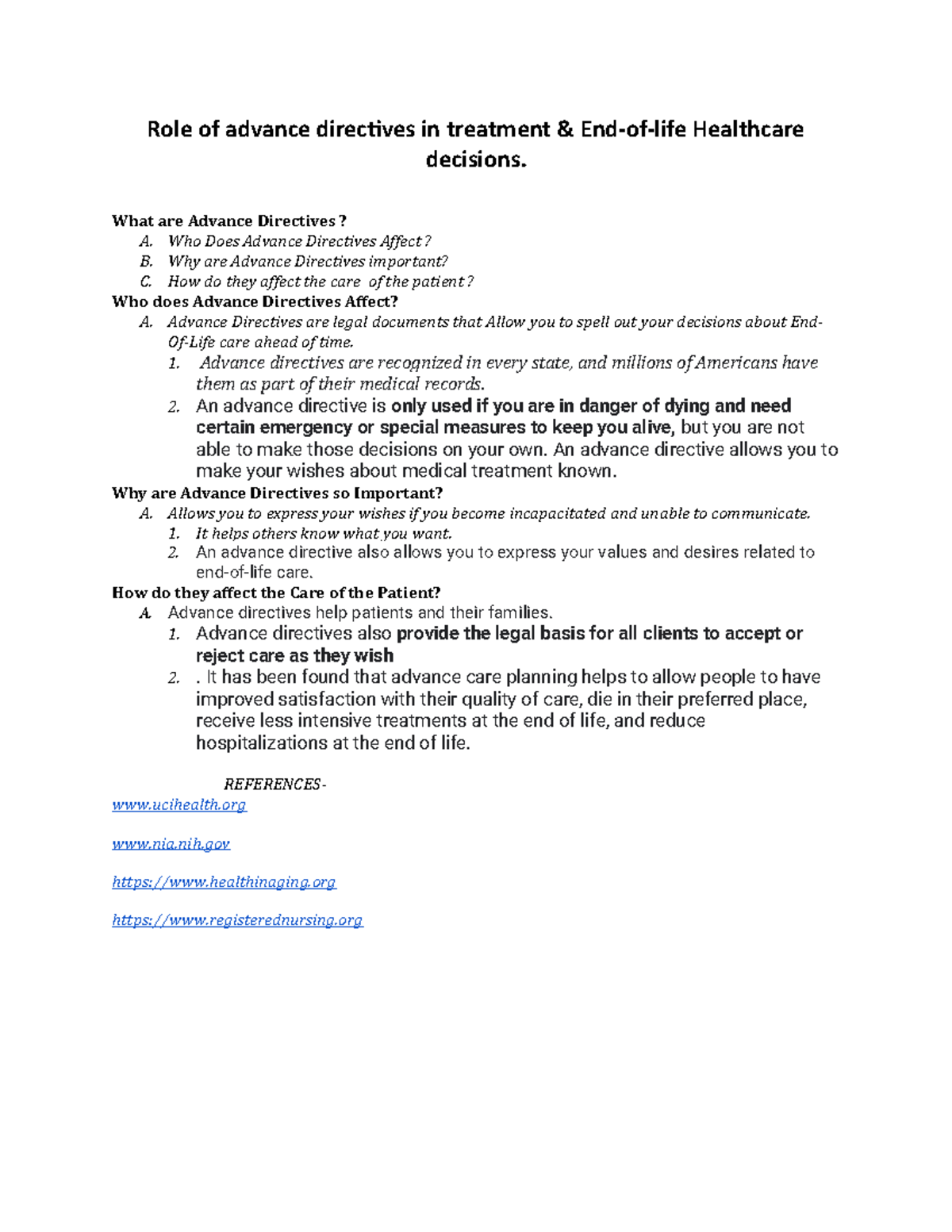 HIT 220 Outline - Role of advance directives in treatment & End-of-life Healthcare decisions ...