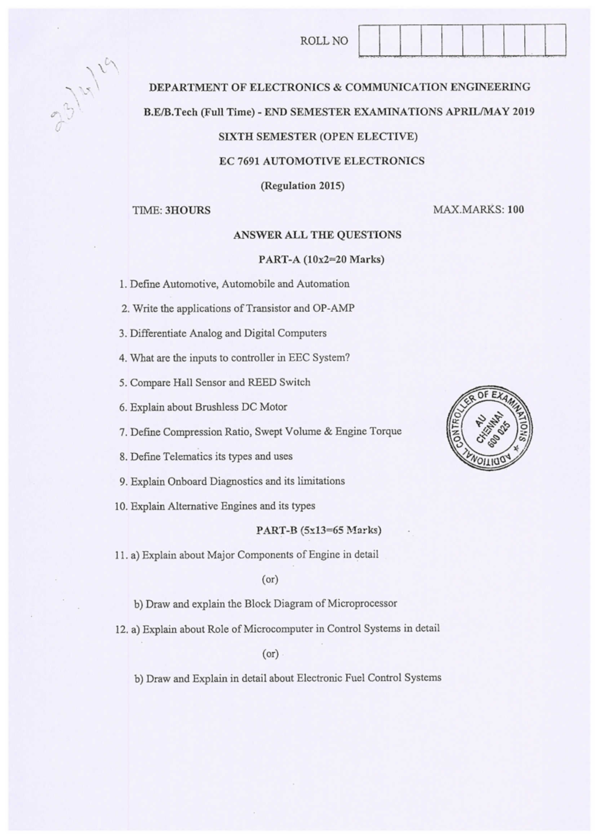 6th Sem Automative Electronics Question Paper Electronics
